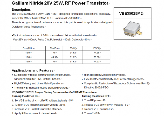 Gallium Nitride 28V RF Power Transistor Wide Band 700 To 5000MHz 25W Long Lifespan