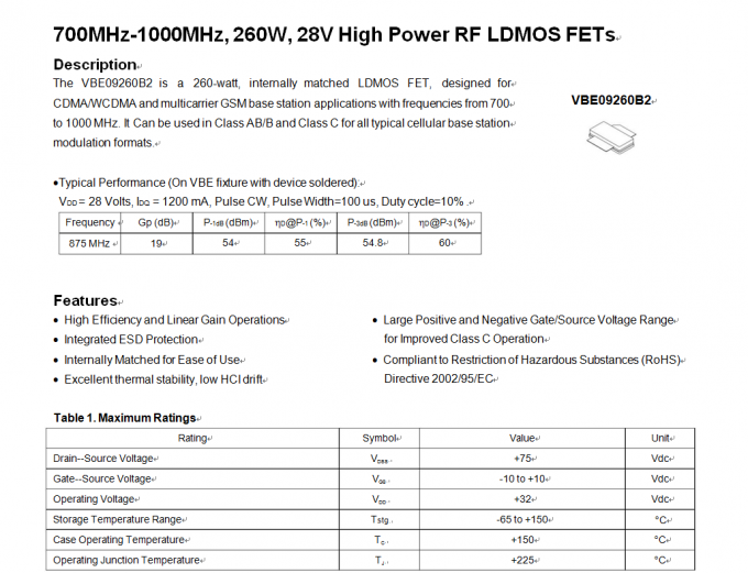 700-1000MHz LDMOS FETs RF High Power Transistors 28V 260W With Integrated ESD Protection
